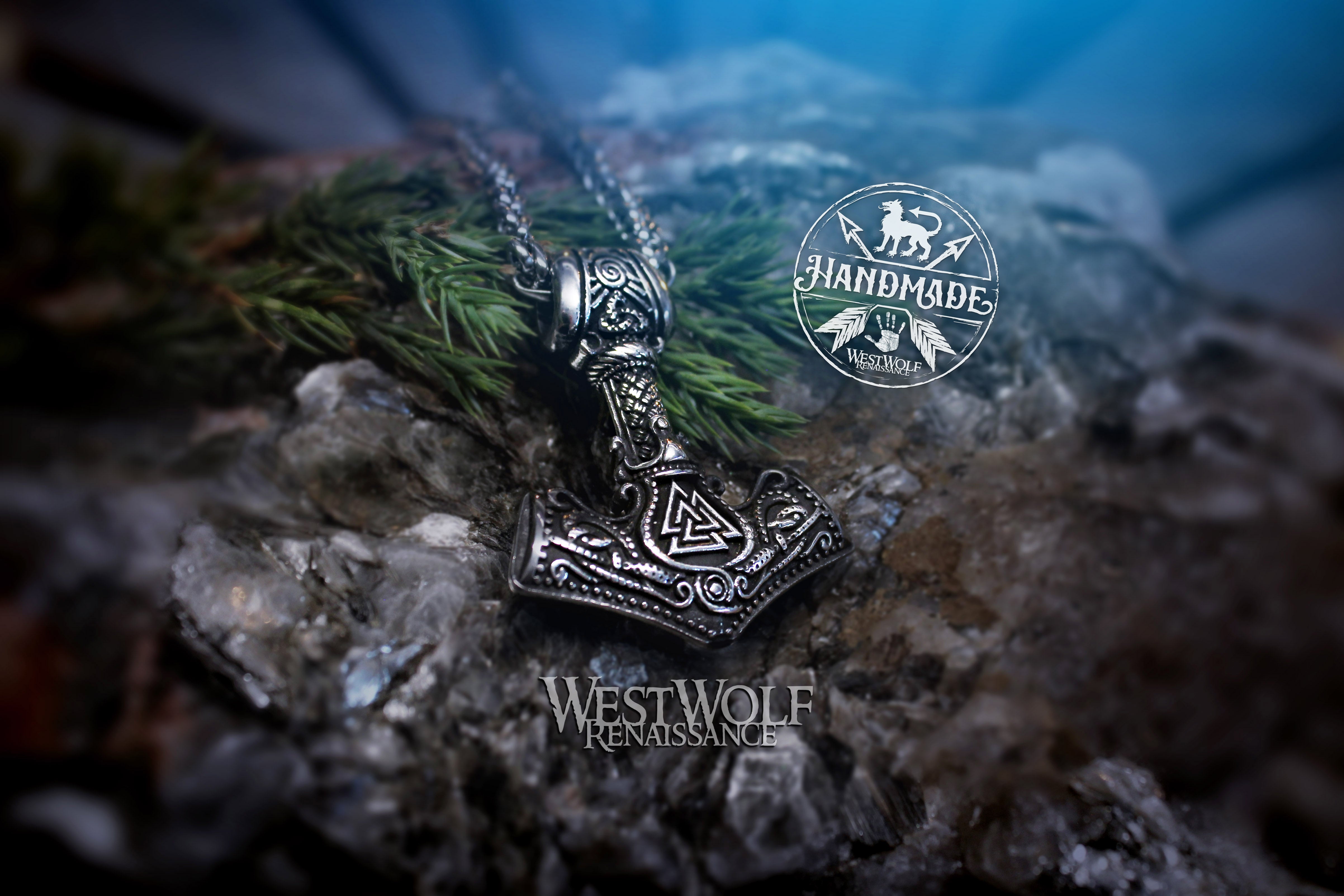 Viking Thor Hammer Pendant with Valknut and Teiwaz Rune - Includes Sta ...