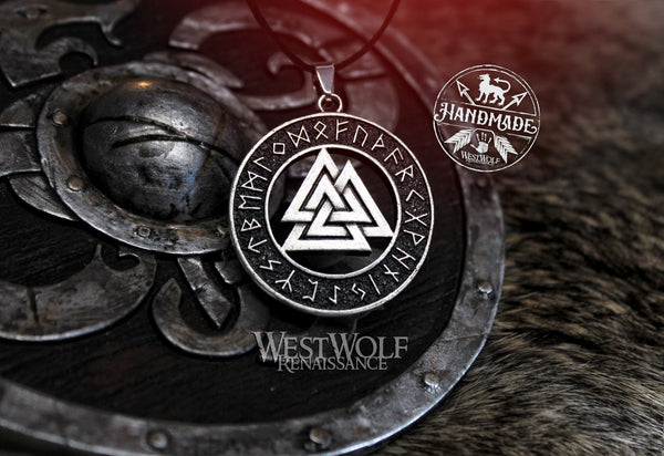 Viking Valknut Circle Pendant with Runic Border – West Wolf Renaissance