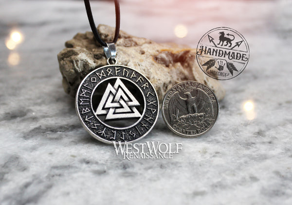 Viking Valknut Circle Pendant with Runic Border – West Wolf Renaissance
