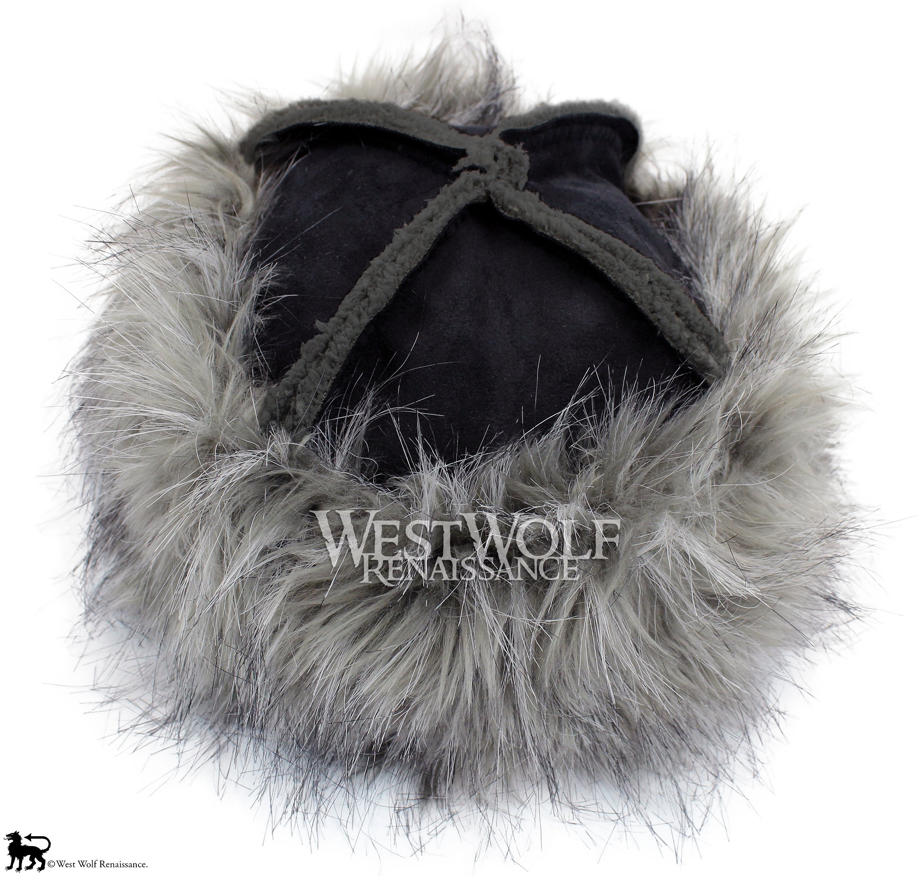 Grey Wolf Fur-Trimmed Viking Hat with Black Suede Top - Faux Fur – West ...